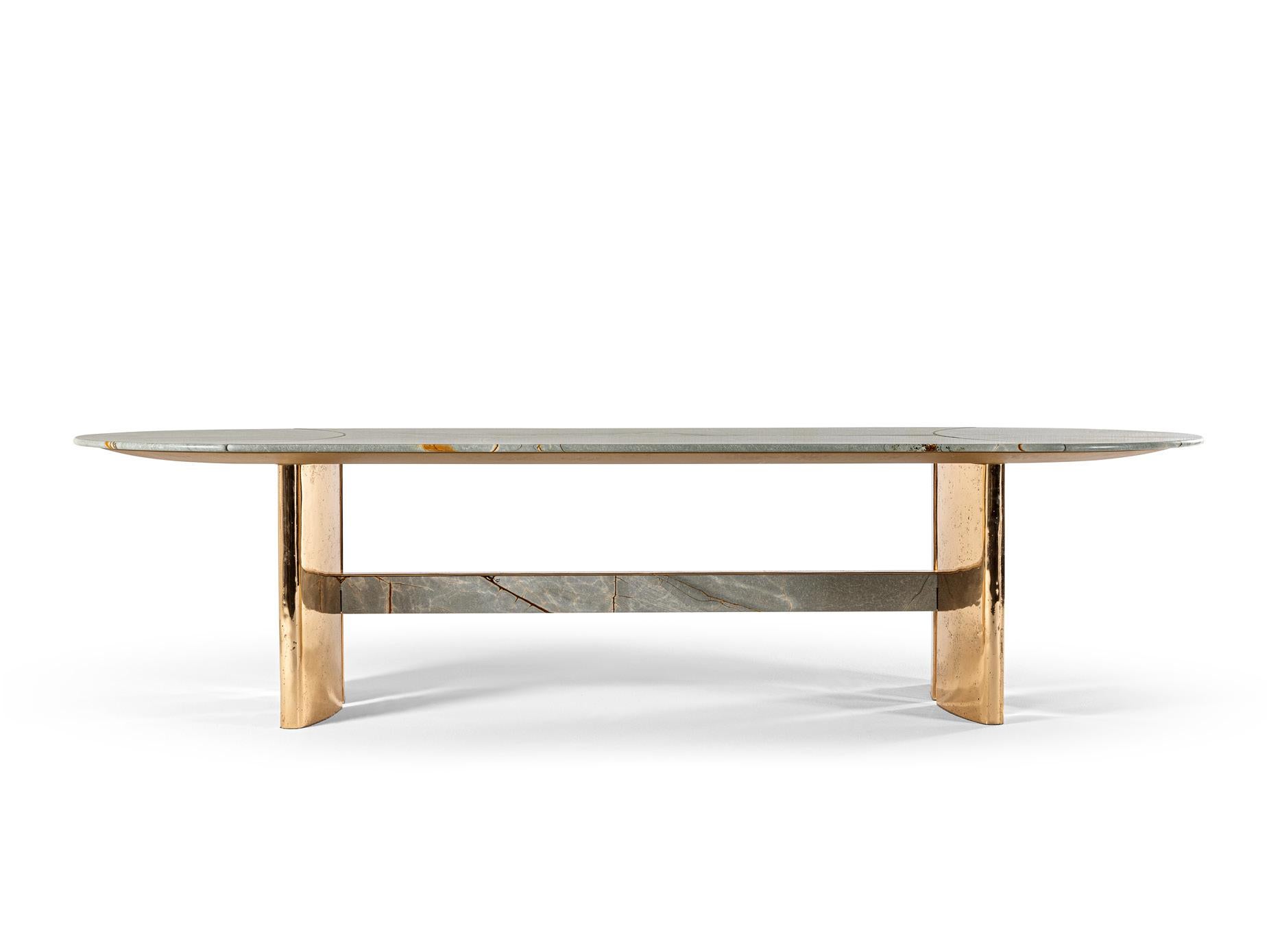 Contemporary Table by Hessentia with Blue Marble Top and Bronze Casting Base For Sale at 1stDibs