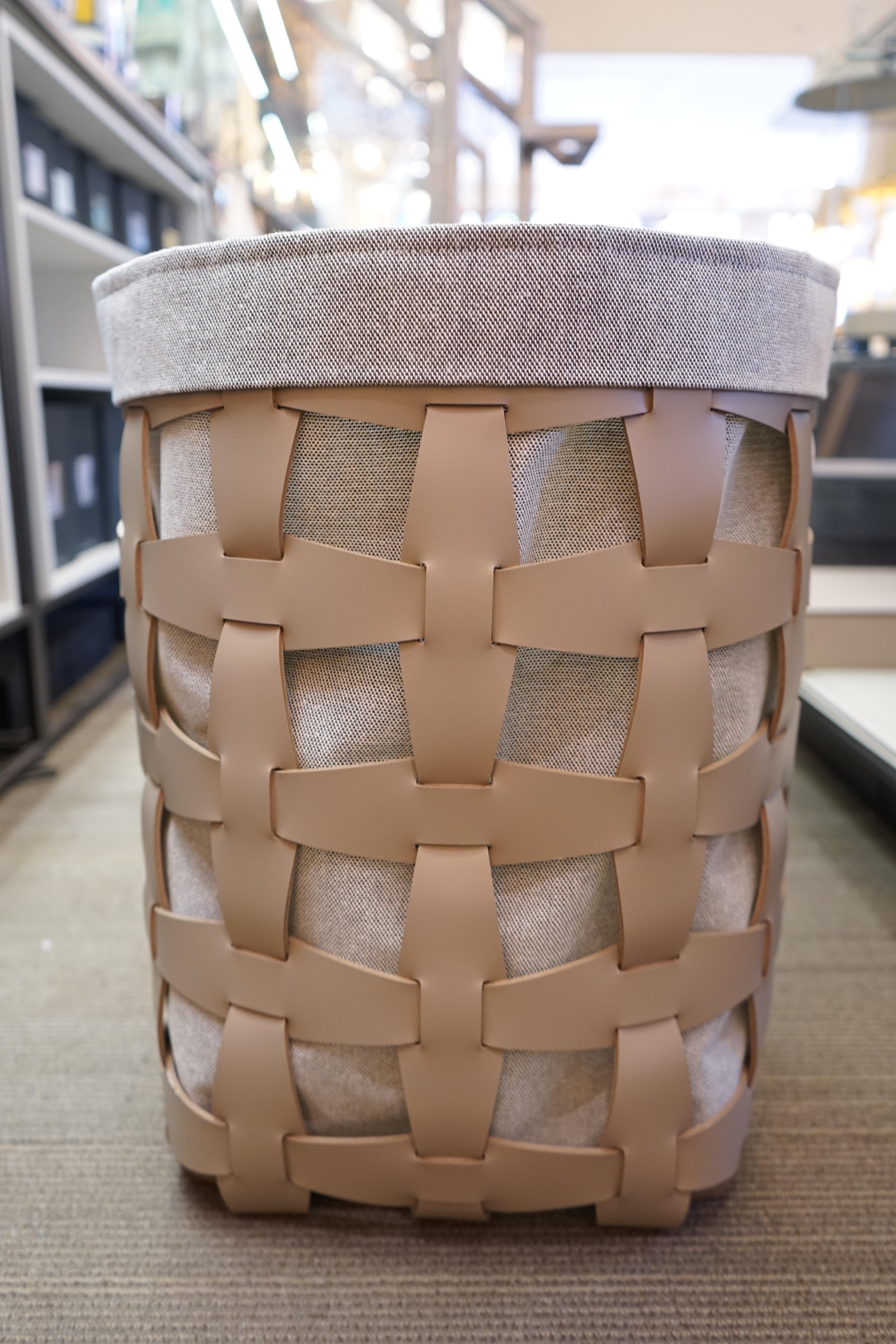 Contemporary Taupe Woven Leather Medium Hook Laundry Basket at 1stDibs
