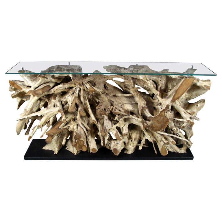 Contemporary Teak Root Console / Sideboard with Safety Glass Top ...