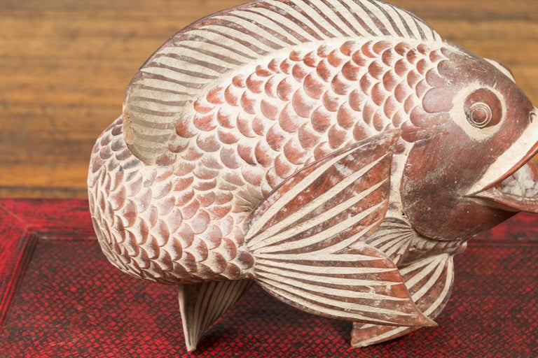 Contemporary Thai Terracotta Fish Sculpture with Brown Accents and ...