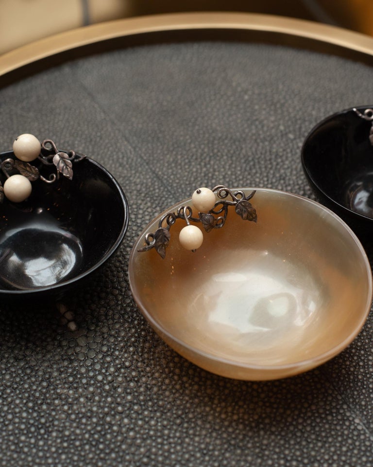 Contemporary Trio of Horn Bowls with Sterling Silver Vines and Stone ...