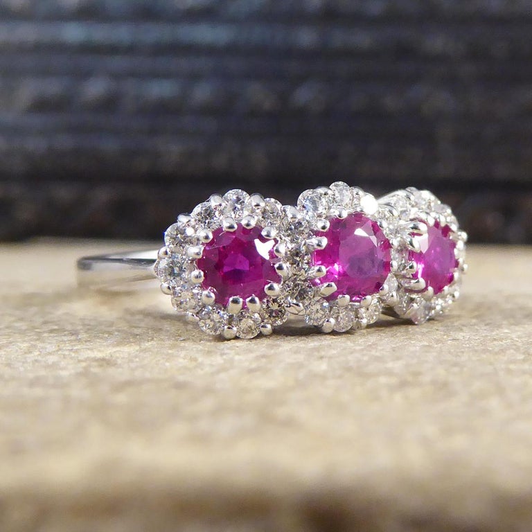 Contemporary Triple Ruby and Diamond Cluster Ring in 18 Carat White ...