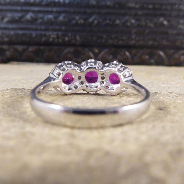 Contemporary Triple Ruby and Diamond Cluster Ring in 18 Carat White ...