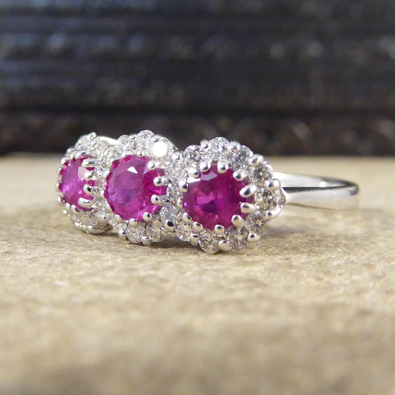 Contemporary Triple Ruby and Diamond Cluster Ring in 18 Carat White ...