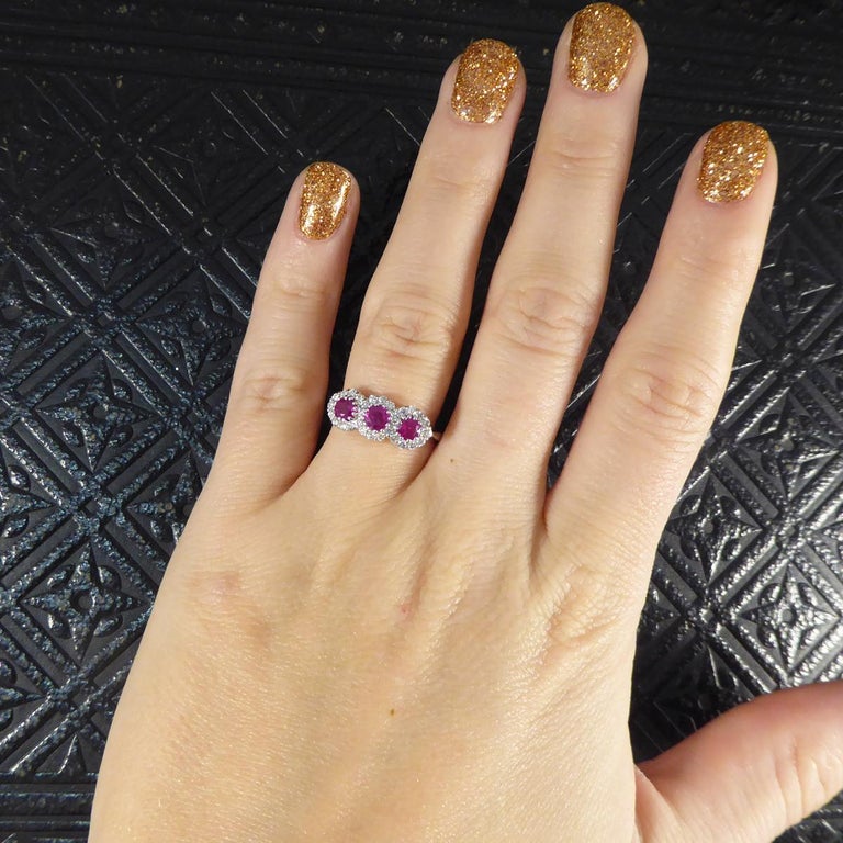 Contemporary Triple Ruby and Diamond Cluster Ring in 18 Carat White ...