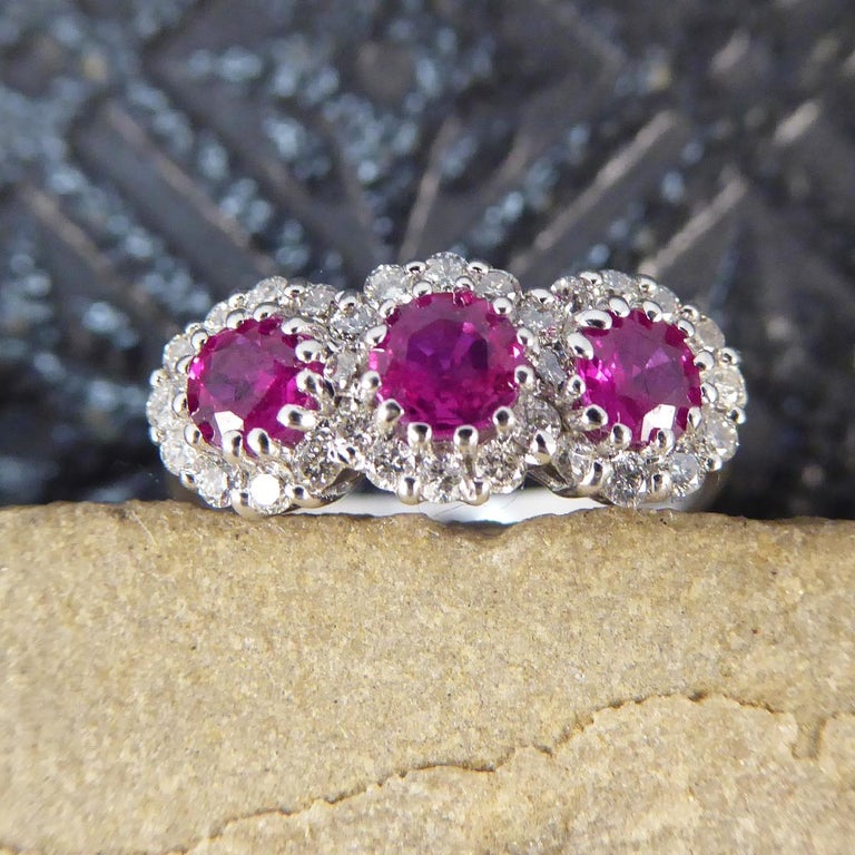 Contemporary Triple Ruby and Diamond Cluster Ring in 18 Carat White ...