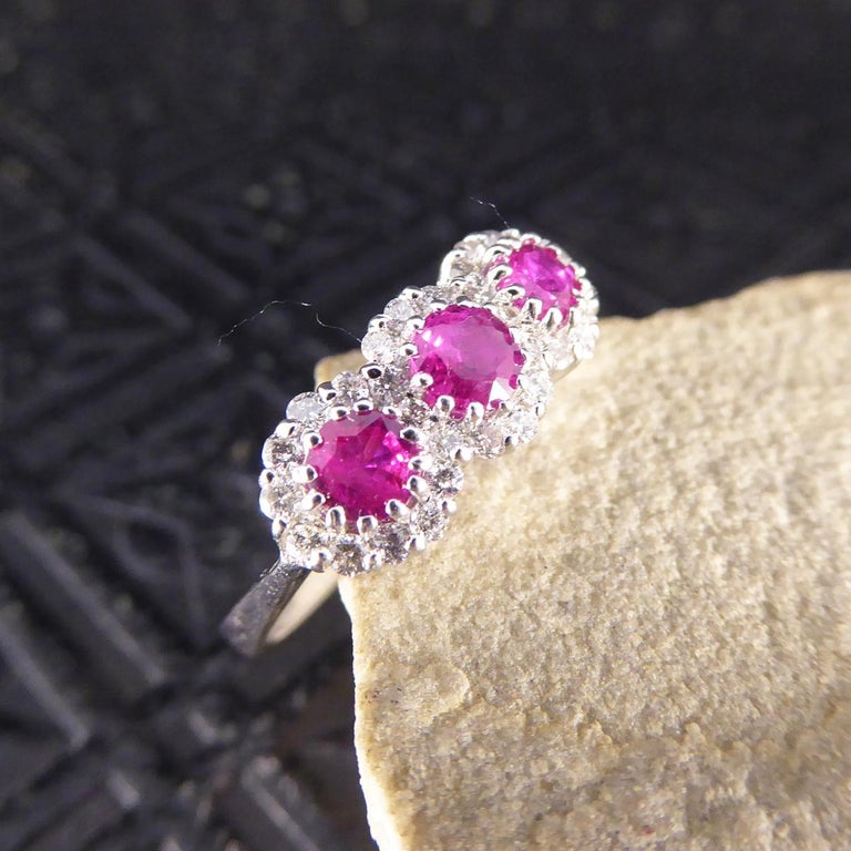 Contemporary Triple Ruby and Diamond Cluster Ring in 18 Carat White ...