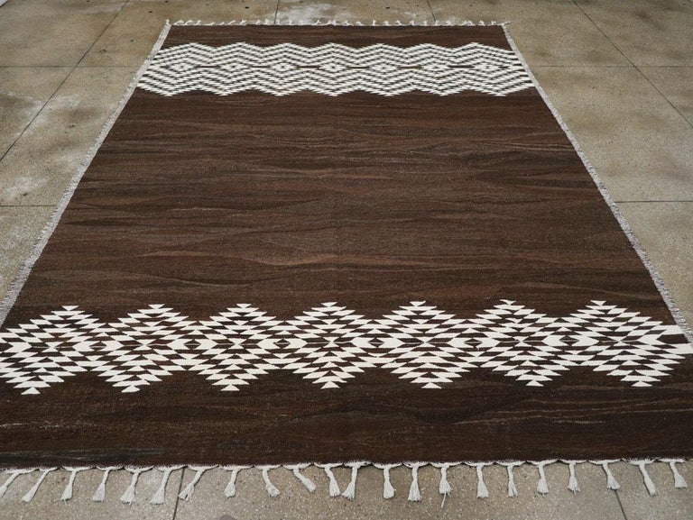 Contemporary Turkish Flatweave Kilim Room Size Carpet in Cream and Dark ...