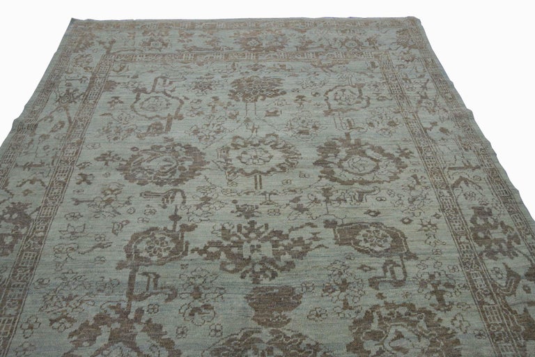 Contemporary Turkish Oushak Rug in Green with Gray Floral Detail at 1stDibs