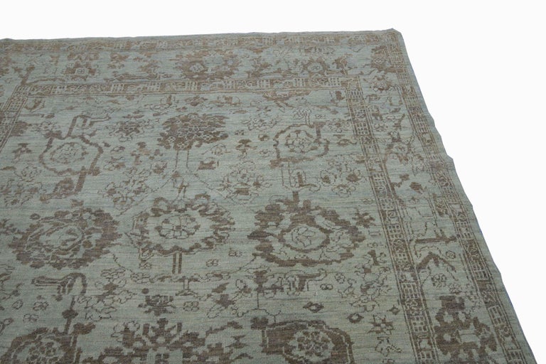 Contemporary Turkish Oushak Rug in Green with Gray Floral Detail at 1stDibs