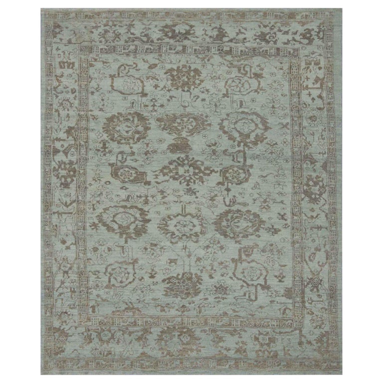Contemporary Turkish Oushak Rug in Green with Gray Floral Detail at 1stDibs