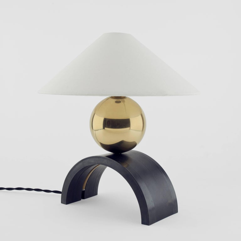 Contemporary U Lamp with Geometric Arched Steel, Brass Sphere and Linen ...