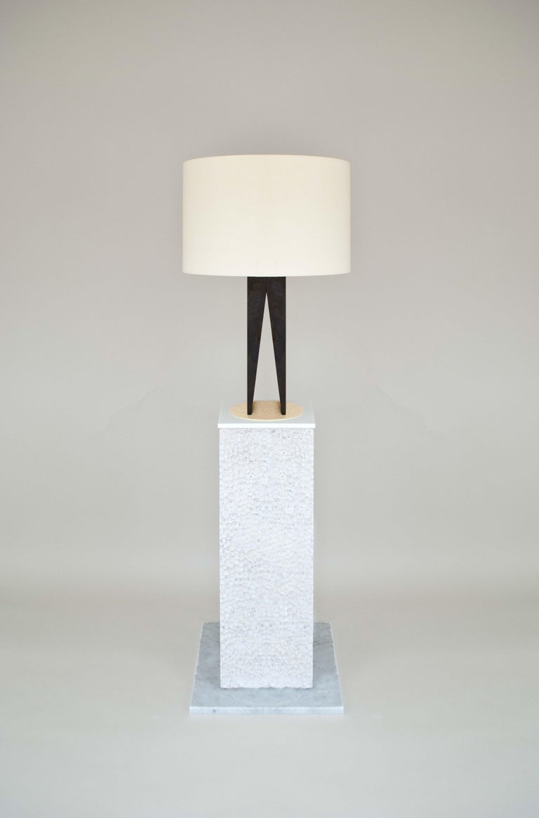 Contemporary V Table Lamp, Geometric Oak Base and Linen Shade For Sale ...