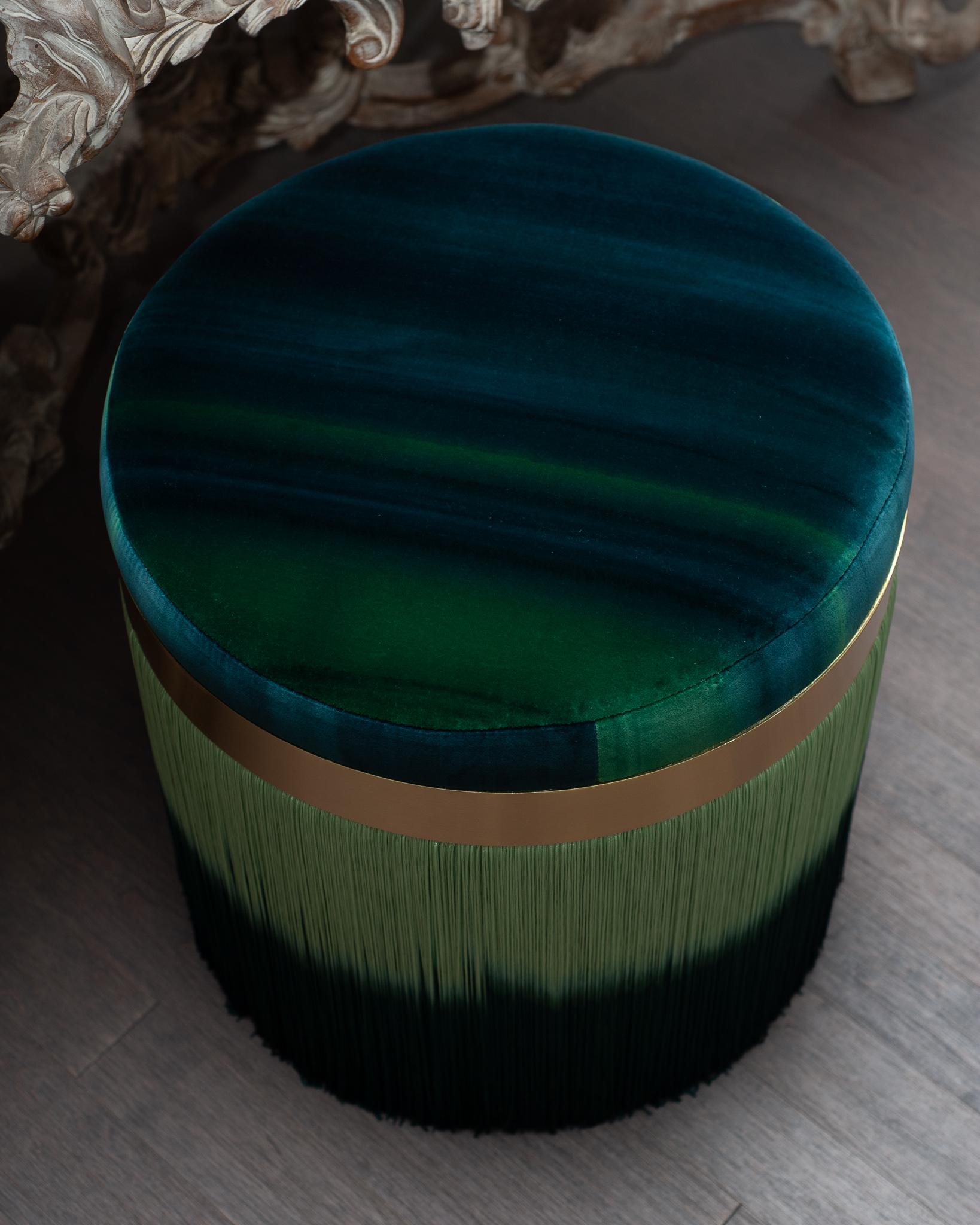 Contemporary Variegated Velvet Ottoman with Brass Trim and Fringe at ...