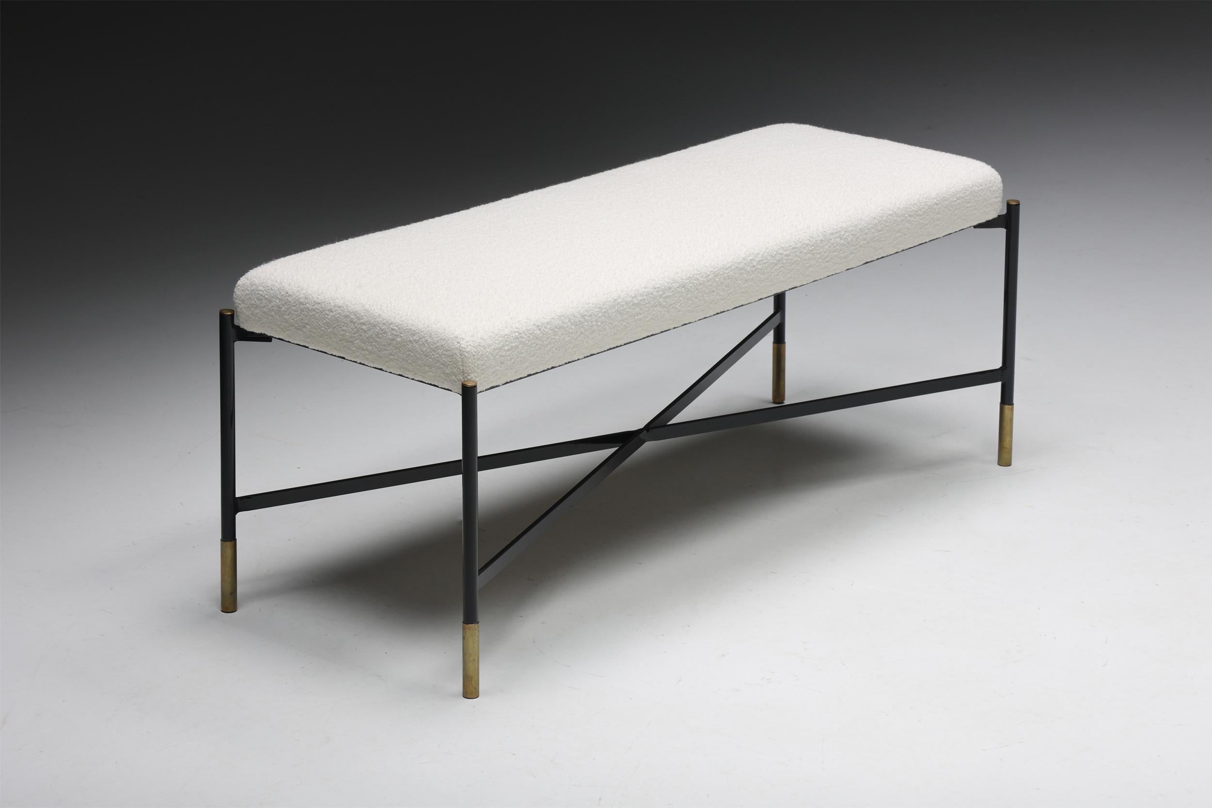 Contemporary White Bouclé Bench with Metal Base and Brass Details ...