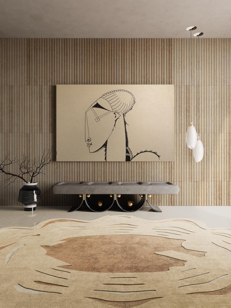 Contemporary White Suede Bench With Anodized Iron Base and Golden Brass ...