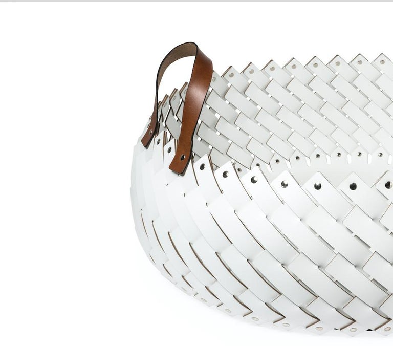 Contemporary White Woven Leather Almeria Pinetti Basket with Handles at ...
