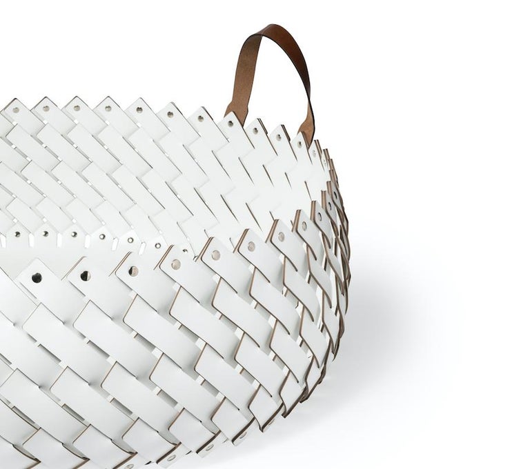 Contemporary White Woven Leather Almeria Pinetti Basket with Handles at ...