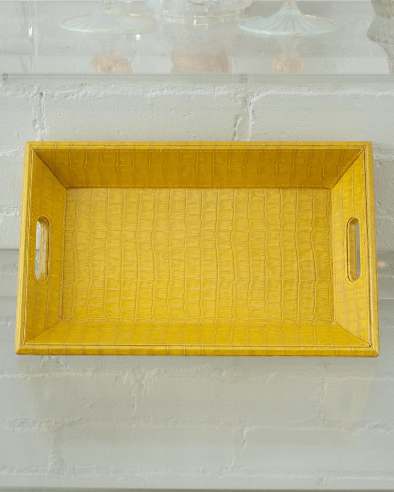 Contemporary Yellow Crocodile Embossed Leather Rectangular Tray For ...