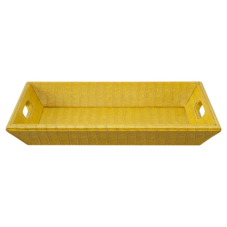 Contemporary Yellow Crocodile Embossed Leather Rectangular Tray For ...