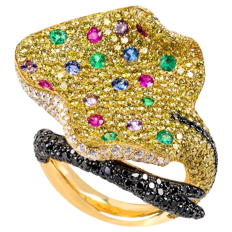Contemporary Yellow Gold "Stingray" Ring with Diamonds, Emeralds and ...