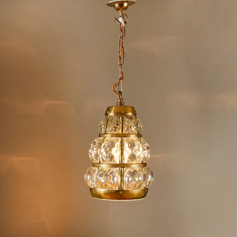 Continental 1960s Brass and Textured Glass Lantern Pendant Light For Sale at 1stDibs