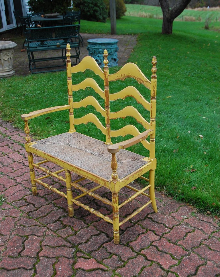 Continental Double Ladderback Bench with Rush Seat Original Paint circa ...