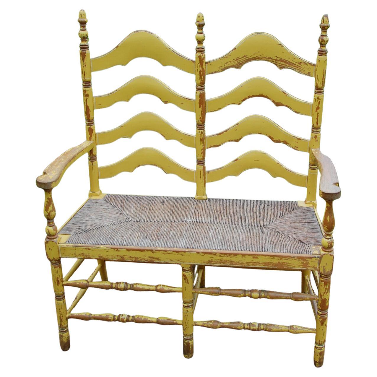 French Provincial Rush Seated Oak Bench or Banquette at 1stDibs