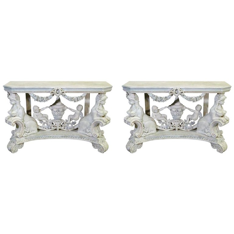 Continental Figural Rococo Cherub Putti Maiden Carved Base Console ...