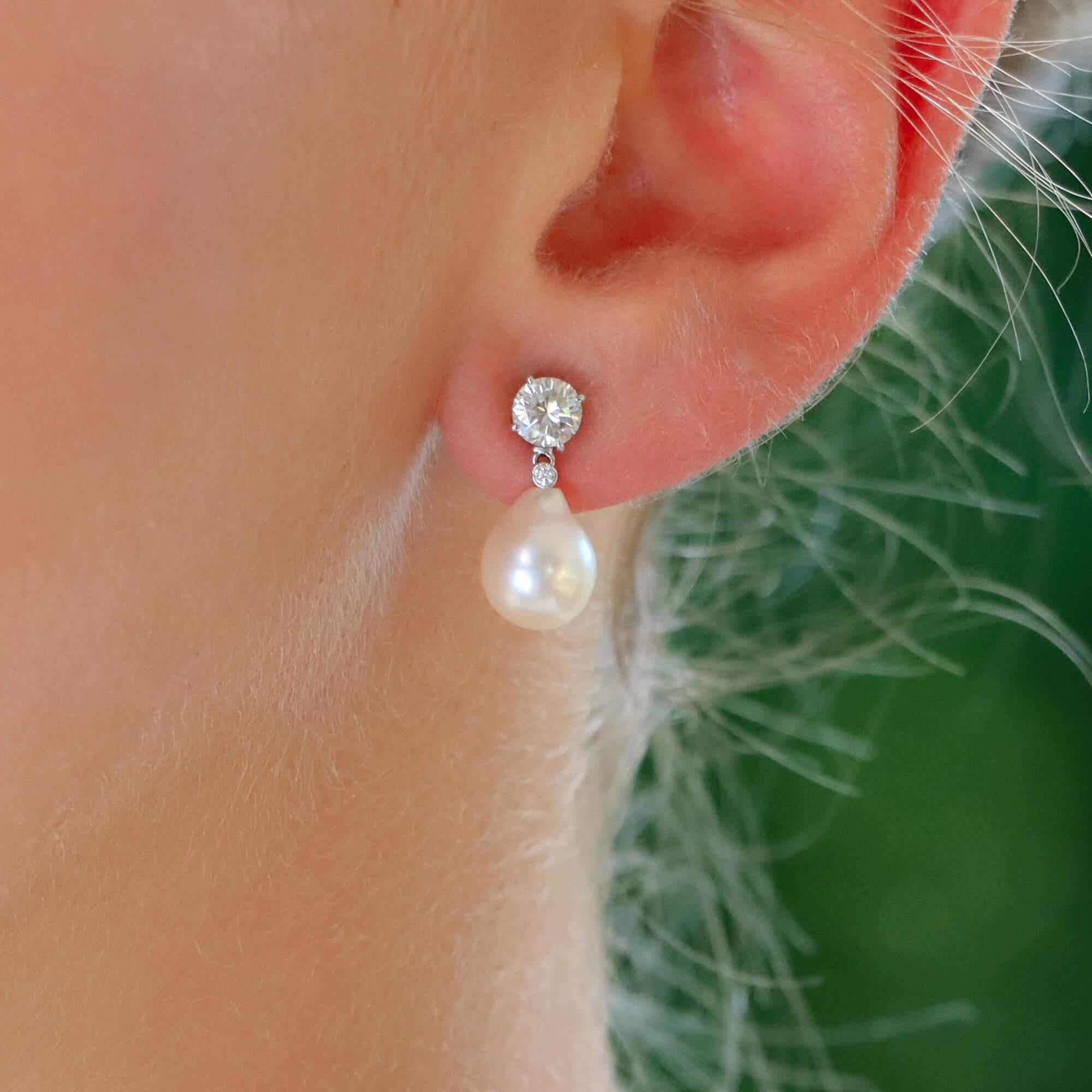 Convertible Solitaire Diamond Stud and Pearl Drop Earrings in 18k White ...