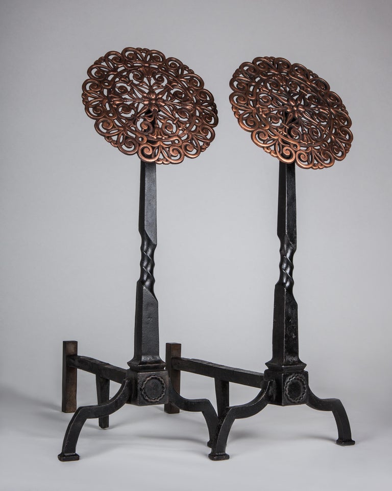 Blackened Wrought Iron Andirons with Large Foliate Copper Finials ...