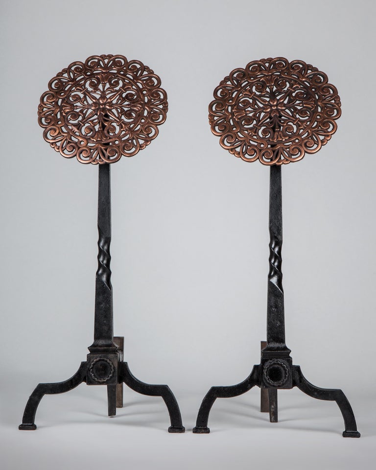 Blackened Wrought Iron Andirons with Large Foliate Copper Finials ...