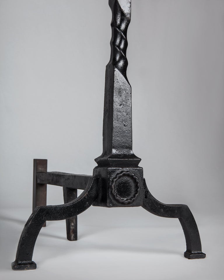 Blackened Wrought Iron Andirons with Large Foliate Copper Finials ...