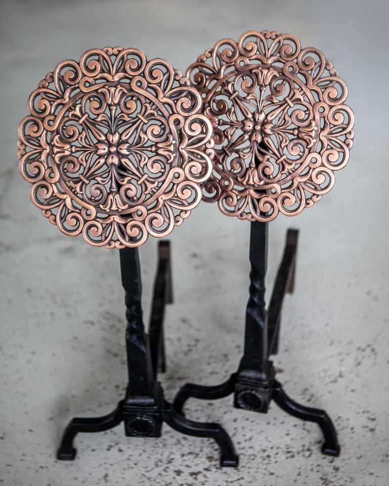 Blackened Wrought Iron Andirons with Large Foliate Copper Finials ...