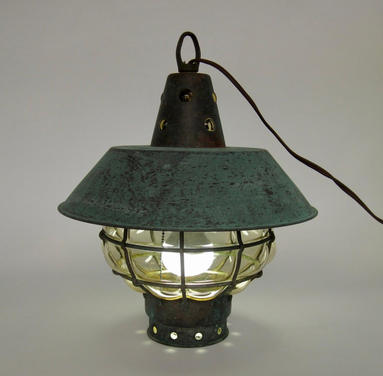 Copper and Blown Glass Hanging Lantern Porch Light For Sale at 1stDibs