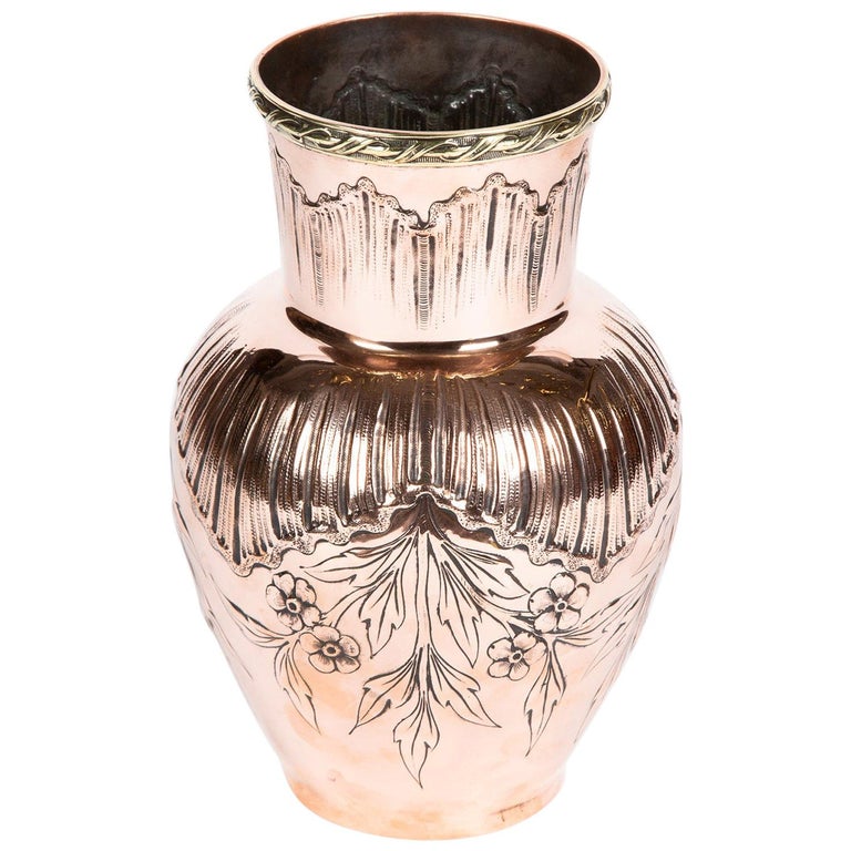 Copper and Brass Repousse Vase with Repoussé Floral Decoration at 1stDibs