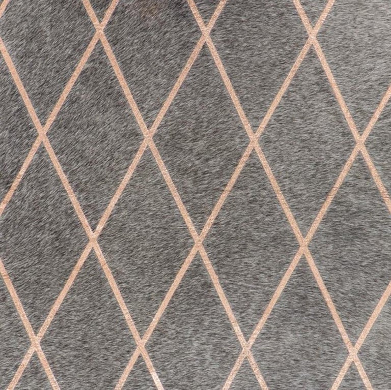 Copper Metallic Diamond Pattern Gray Cowhide Rug, Large For Sale at 1stDibs