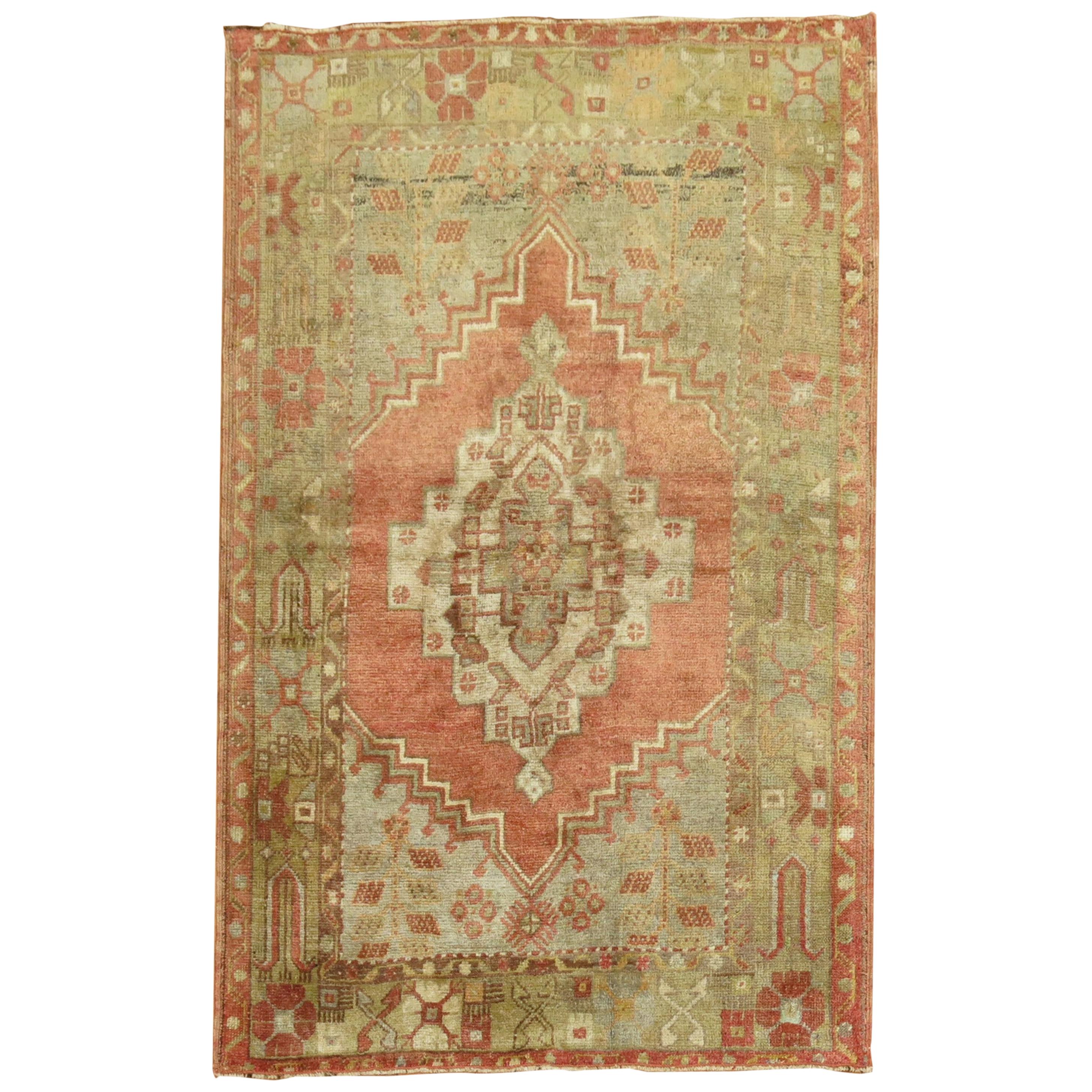 Midcentury Handmade Turkish Oushak Throw Rug In Red and Ivory For Sale ...