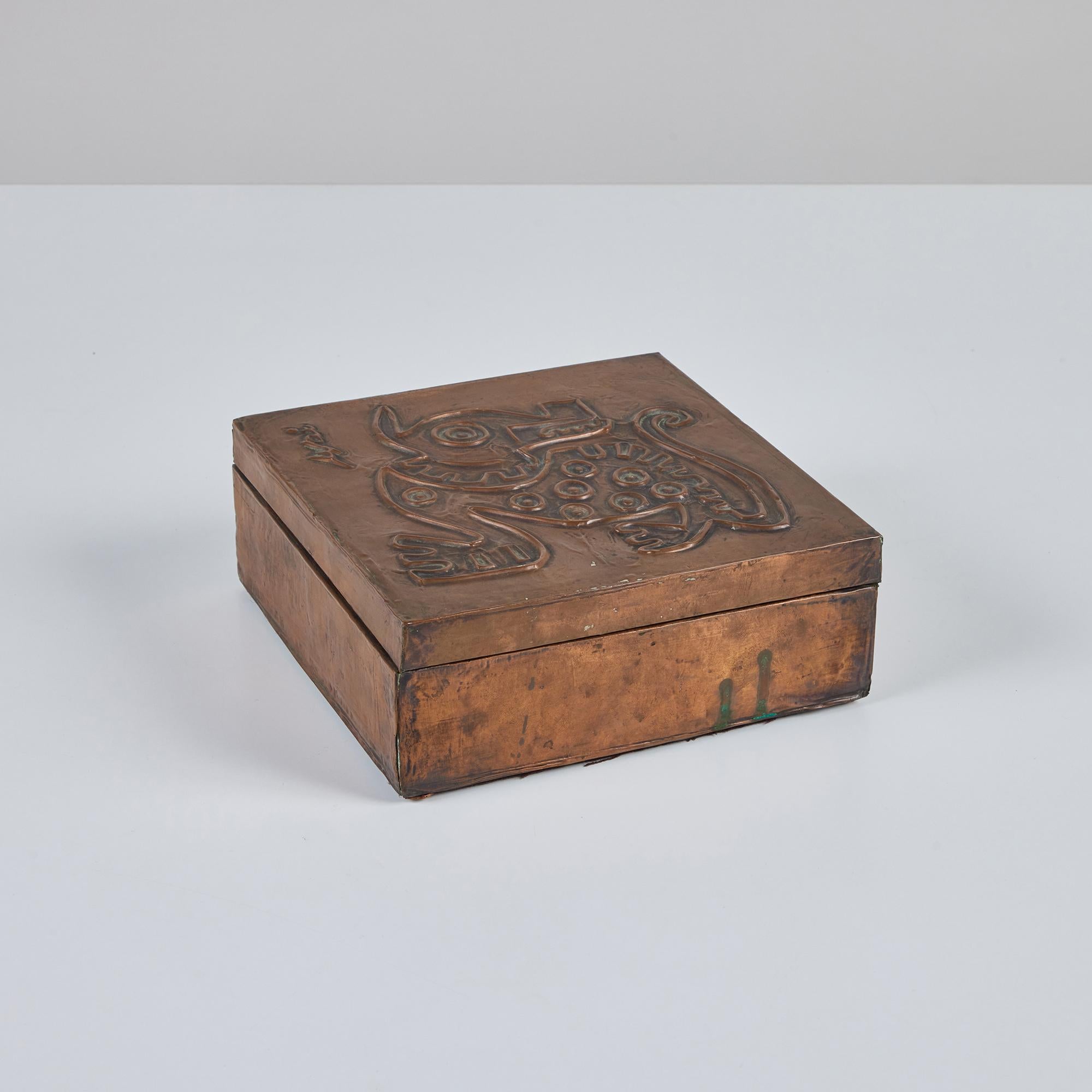 Copper and Wood Box with Embossed Animal Figure For Sale at 1stDibs