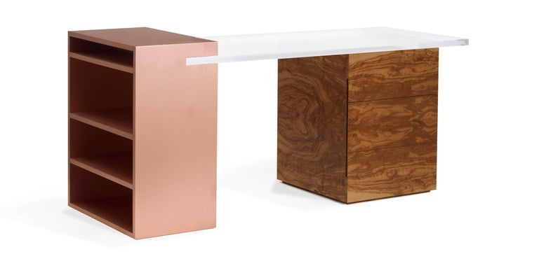 Coppertone Desk / Secretaire in brushed copper, olive wood and tempered ...