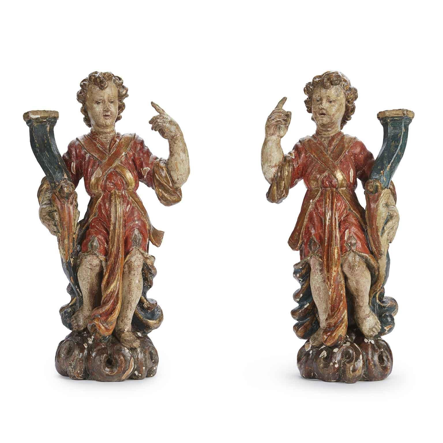 Pair of Carved Lacquered and Gilded Candle Holder Angels Italian ...