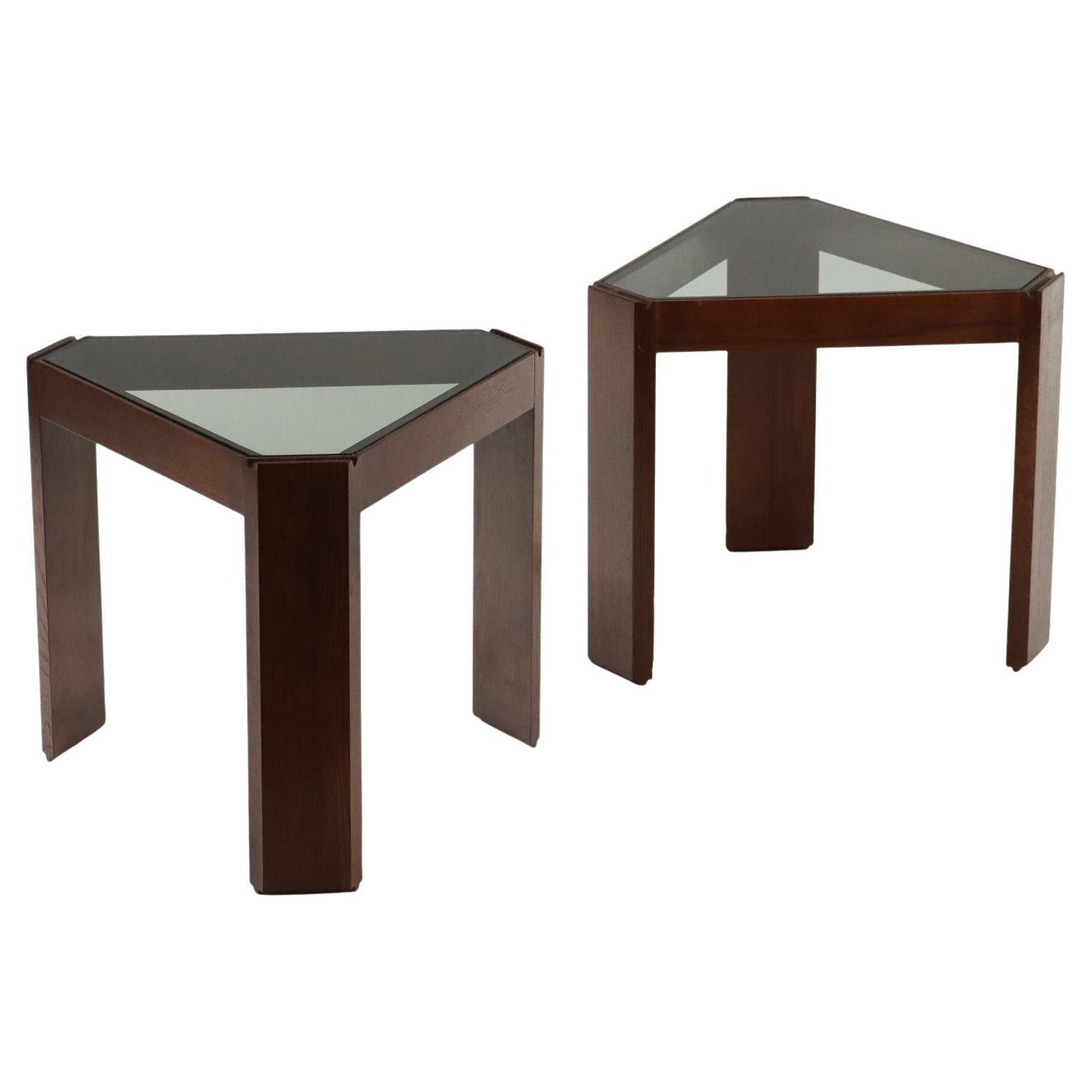 Pair of 80s Coffee Tables in wood and glass For Sale at 1stDibs