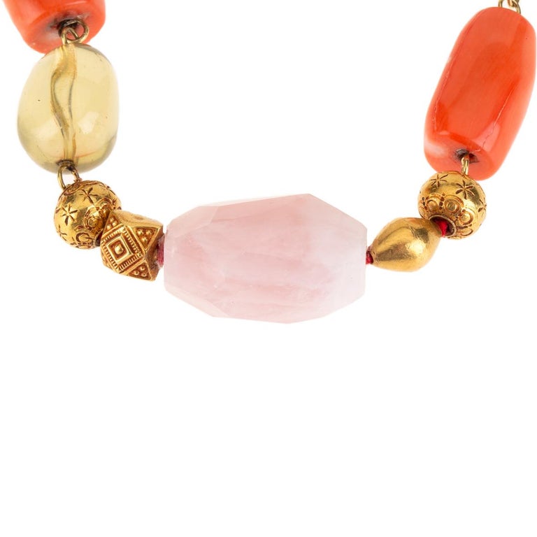 Coral 18 Karat Gold Citrine Rose Quartz Necklace For Sale at 1stDibs