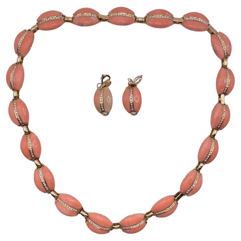 Coral 18 Karat Yellow Gold with Diamonds Necklace and Earring For Sale ...