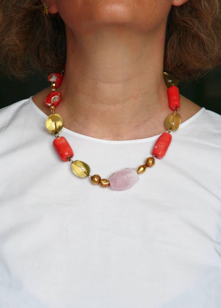 Coral 18 Karat Gold Citrine Rose Quartz Necklace For Sale at 1stDibs