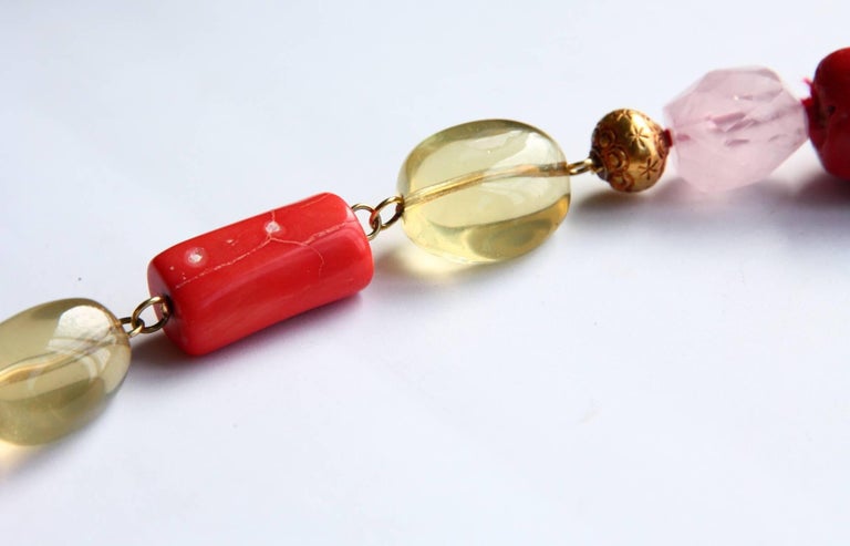 Coral 18 Karat Gold Citrine Rose Quartz Necklace For Sale at 1stdibs