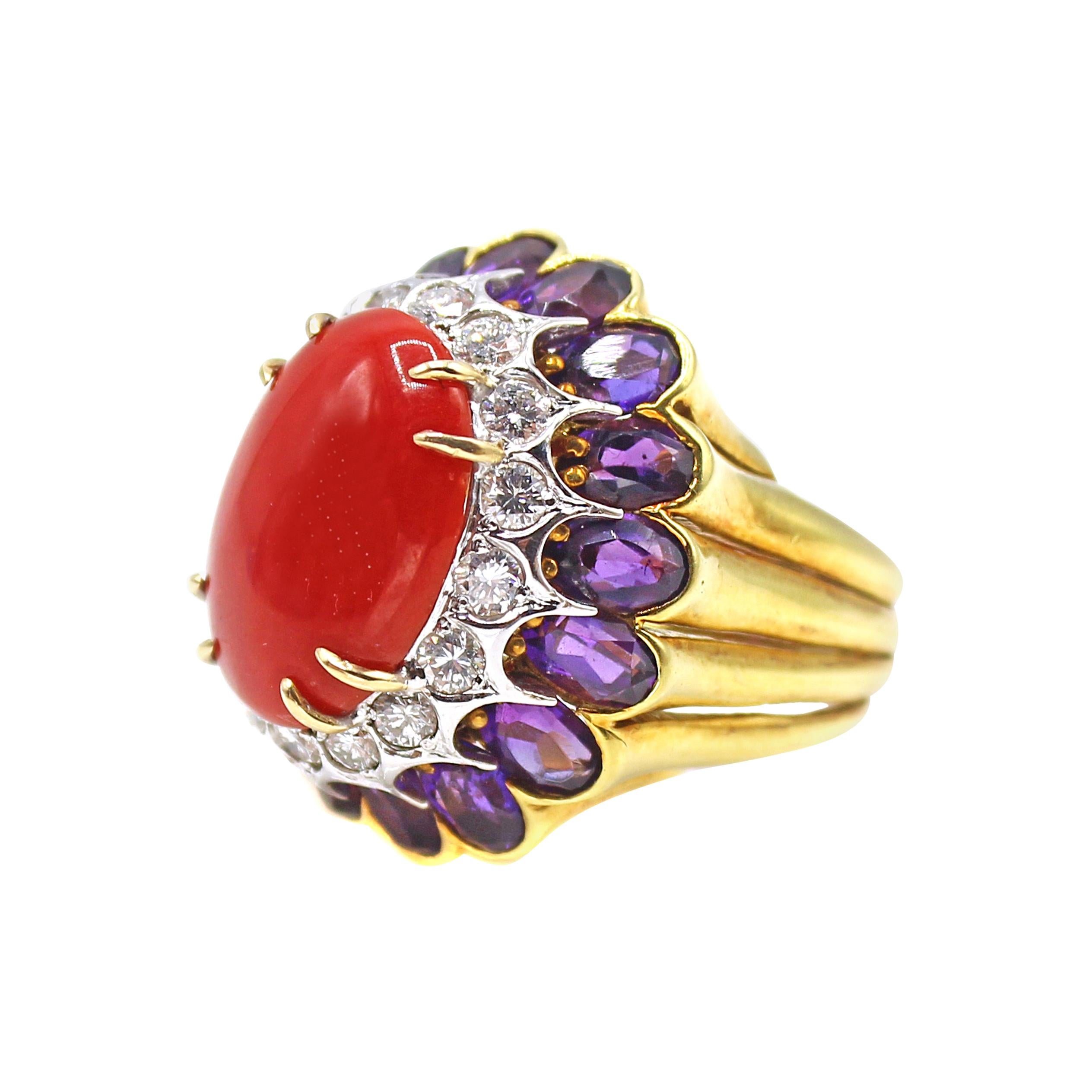 Gold Diamond Coral Amethyst Cocktail Ring For Sale at 1stDibs