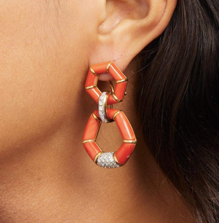 Coral and Diamond ‘Door Knocker’ Style Gold Earrings For Sale at 1stDibs