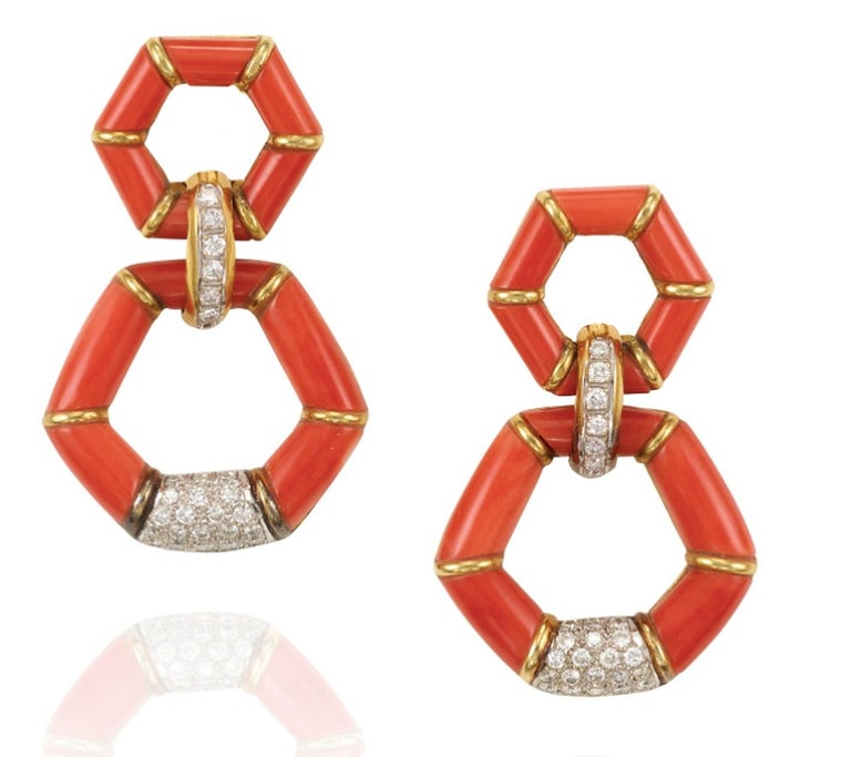 Coral and Diamond ‘Door Knocker’ Style Gold Earrings For Sale at 1stDibs