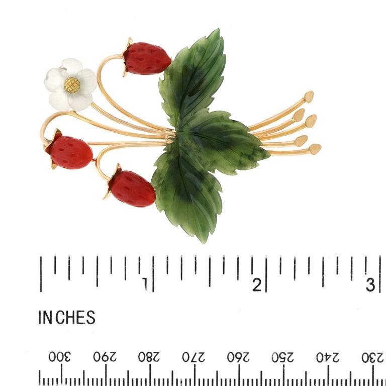 Coral and Jade Set Gold Strawberry Brooch at 1stDibs